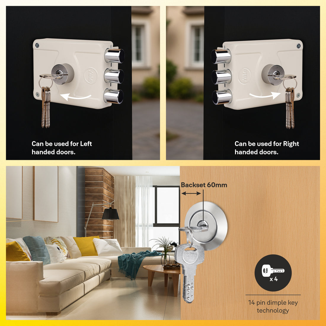 Yale Essential YE-MDL-3B-DC-DK-IN Rim Lock, 3 Deadbolts, Both side key ...
